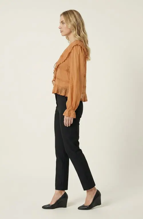 MODENAIRE Ruffled Lace Trim Lightweight Tie Front Blouse - Orange