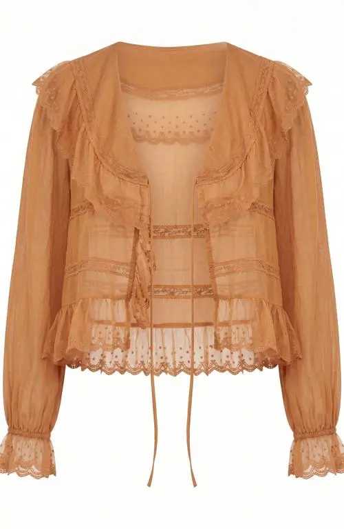 MODENAIRE Ruffled Lace Trim Lightweight Tie Front Blouse - Orange