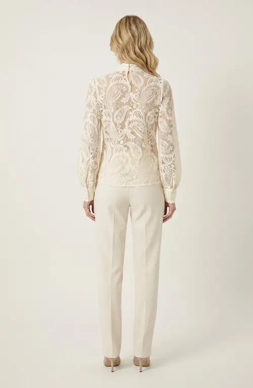 MODENAIRE Tie Neck Sheer Long Sleeve Lace Blouse