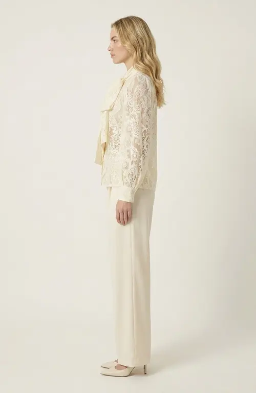 MODENAIRE Tie Neck Sheer Long Sleeve Lace Blouse