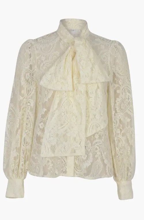MODENAIRE Tie Neck Sheer Long Sleeve Lace Blouse
