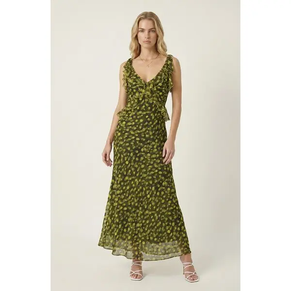 MODENAIRE Polka Dot Ruffle Midi Dress With Tie Shoulder Straps