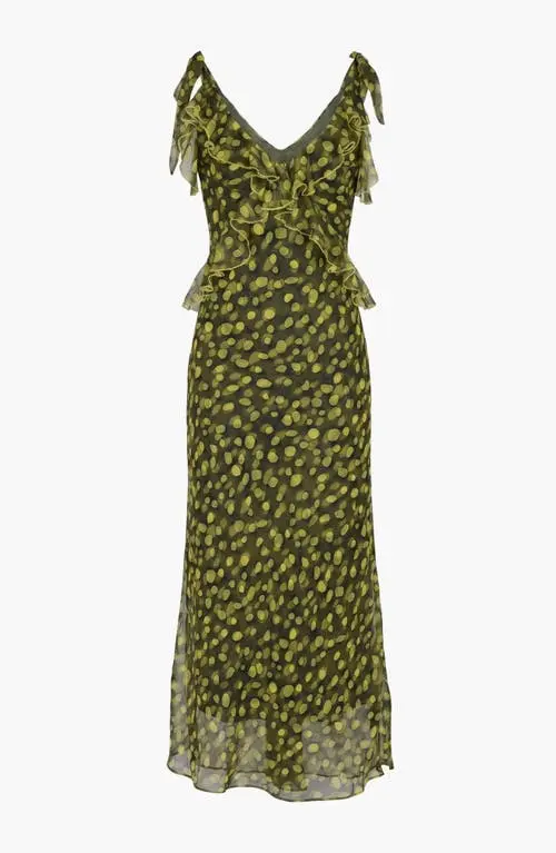 MODENAIRE Polka Dot Ruffle Midi Dress With Tie Shoulder Straps
