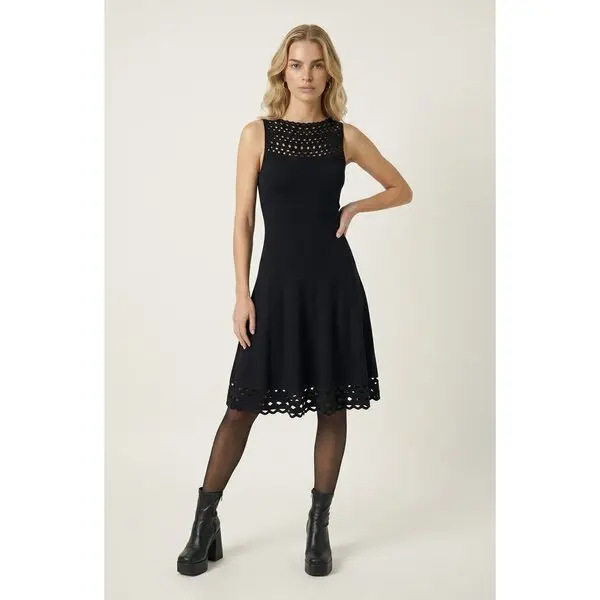 MODENAIRE Sleeveless High Neck Eyelet Midi Dress - Black