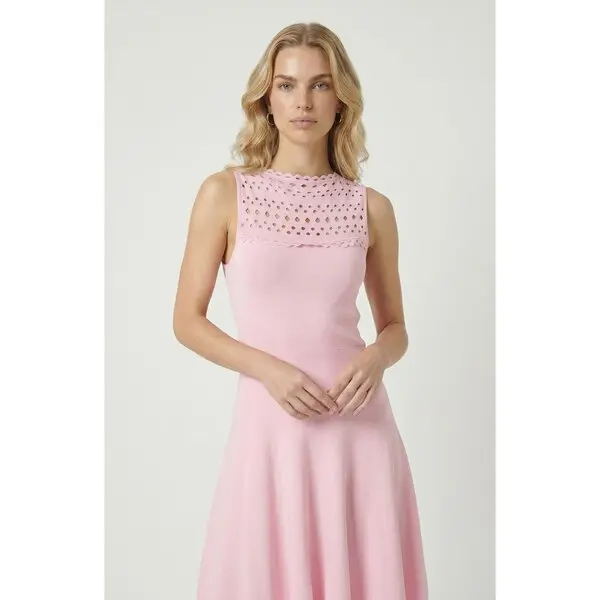 MODENAIRE Sleeveless High Neck Eyelet Midi Dress - Pink