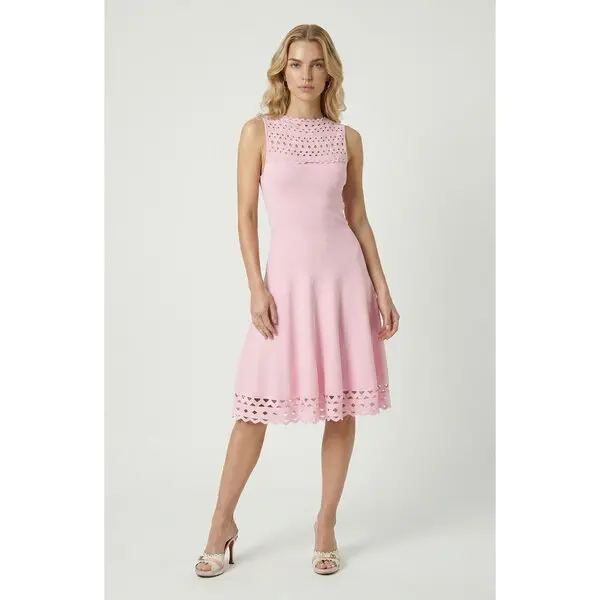 MODENAIRE Sleeveless High Neck Eyelet Midi Dress - Pink