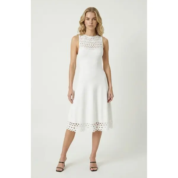 MODENAIRE Sleeveless High Neck Eyelet Midi Dress - White