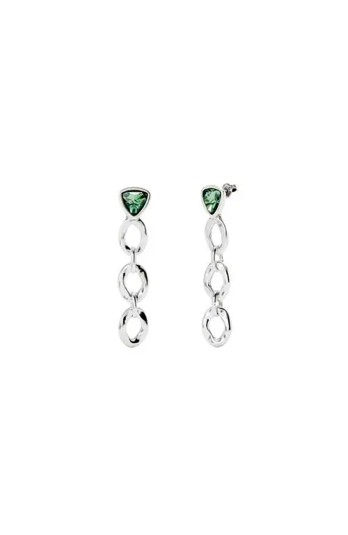 UNODE50 Sterling Plated Drop Earrings With Link And Green Crystal - Silver
