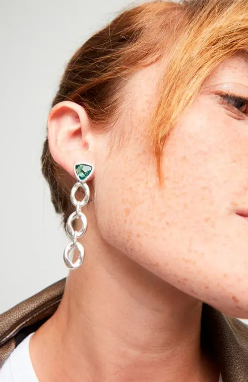 UNODE50 Sterling Plated Drop Earrings With Link And Green Crystal