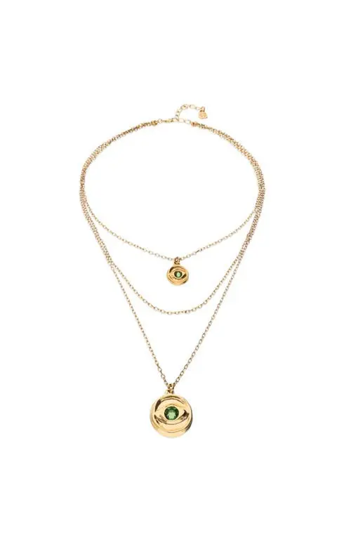 UNODE50 Triple Layered Necklace With Evil Eye Charms And Green Crystal