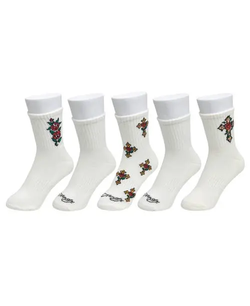 Ed Hardy Rose Cross Print Half Cushion Mid Crew Sock 5 Pack