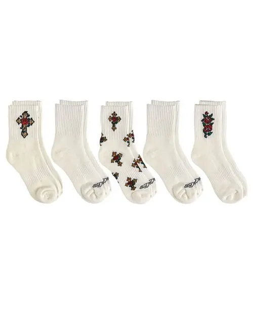 Ed Hardy Rose Cross Print Half Cushion Mid Crew Sock 5 Pack