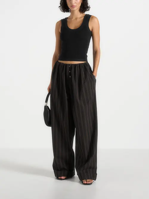Manière De Voir Maniere De Voir Ivanna Striped Cotton Elasticated Wide Leg Pants - Black/brown