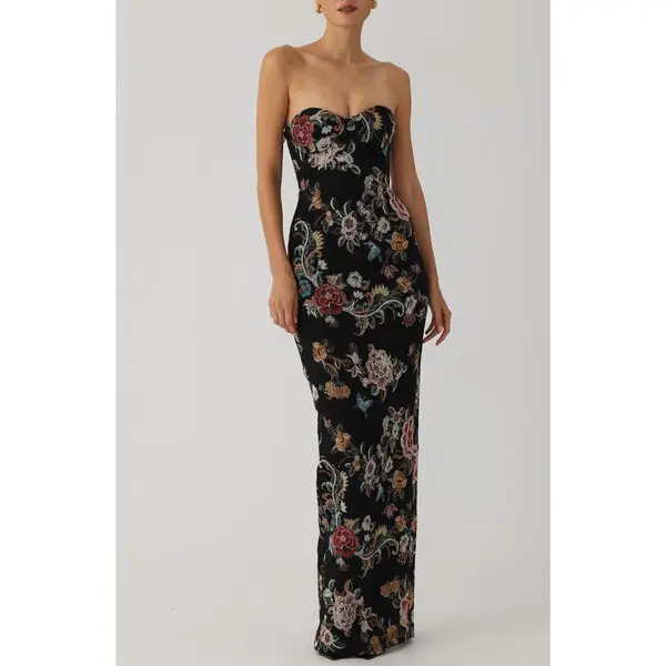 SAU LEE Strapless Floral Jacquard Cotton Blend Column Gown