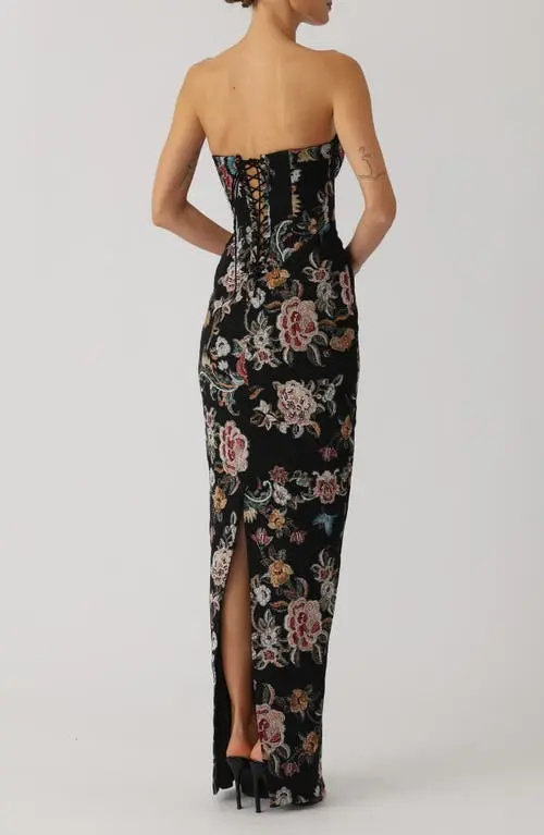 SAU LEE Strapless Floral Jacquard Cotton Blend Column Gown