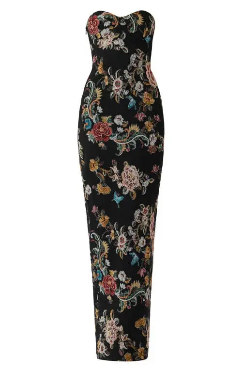 SAU LEE Strapless Floral Jacquard Cotton Blend Column Gown