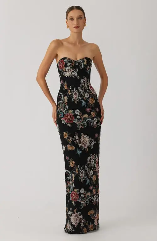 SAU LEE Strapless Floral Jacquard Cotton Blend Column Gown