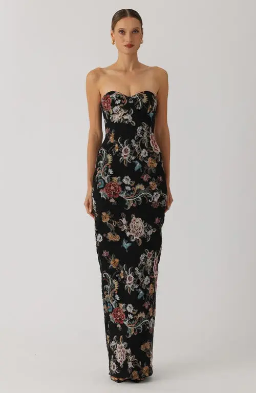 SAU LEE Strapless Floral Jacquard Cotton Blend Column Gown