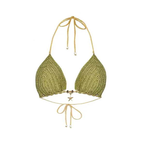 CHERINA BEACHWEAR LLC Crochet Halterneck Bikini Top With Gold Trim - Green