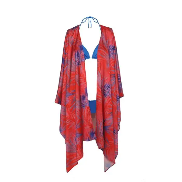 CHERINA BEACHWEAR LLC Cia Kimono In Red With Soft Blue Leaves - Blue/red