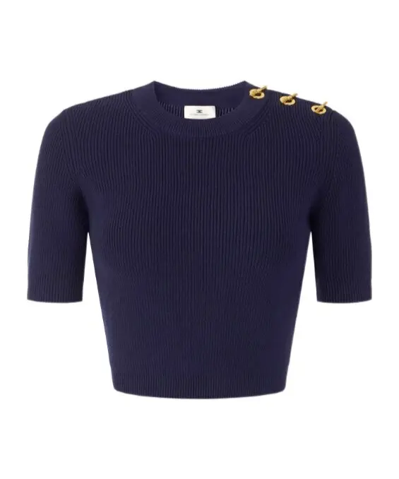 Elisabetta Franchi Knit Cropped Top With Jewel Details - Midnight Blue
