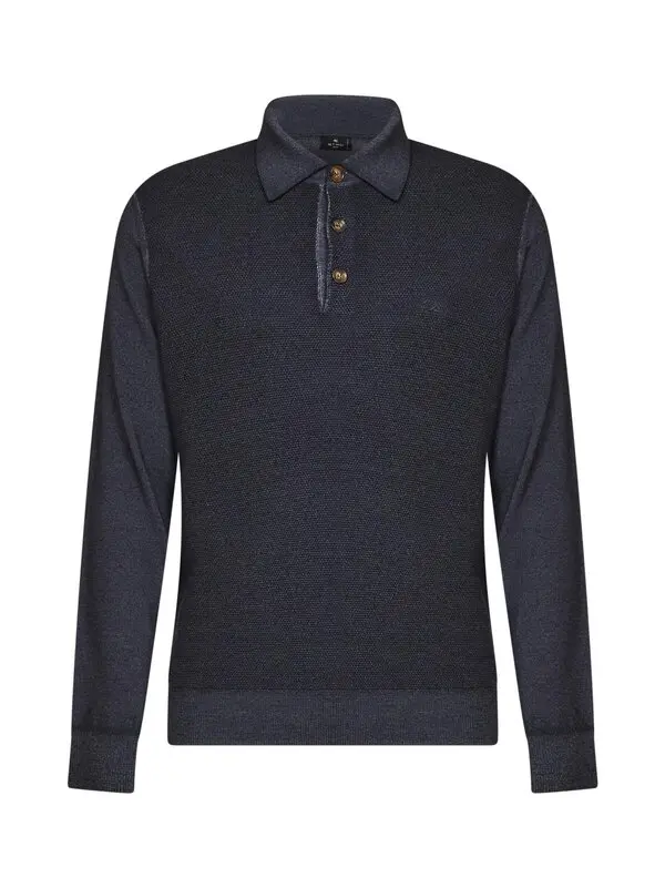 Etro Indigo Two-tone Wool Knit Logo-embroidered Polo Shirt - Multicolor