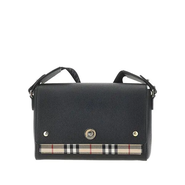 Burberry Note Leather Shoulder Bag With Check Motif - Black