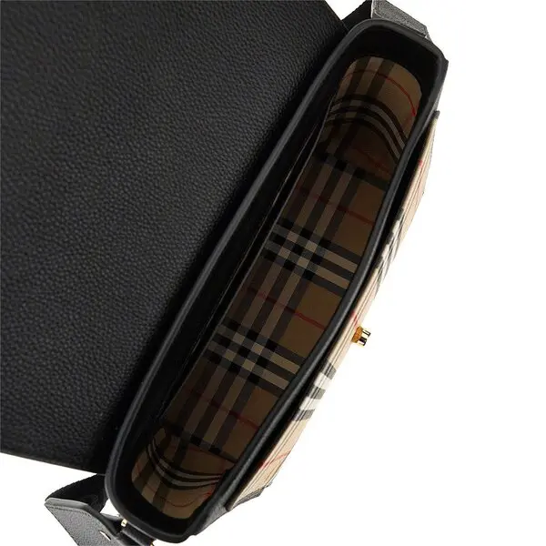 Burberry Note Leather Shoulder Bag With Check Motif - Black