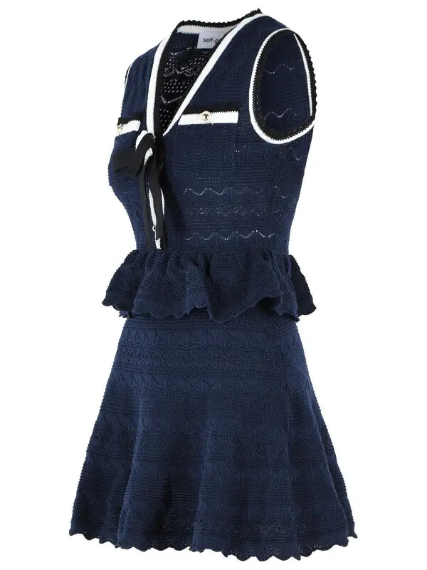 SELF-PORTRAIT Navy Cotton Blend Openwork Knit Mini Dress