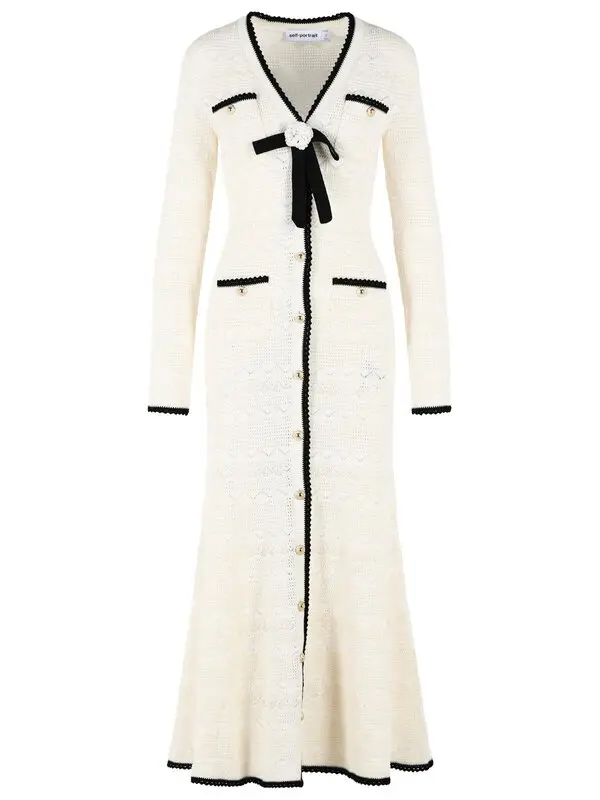 SELF-PORTRAIT Openwork Knit Long Cardigan With Bow Detail