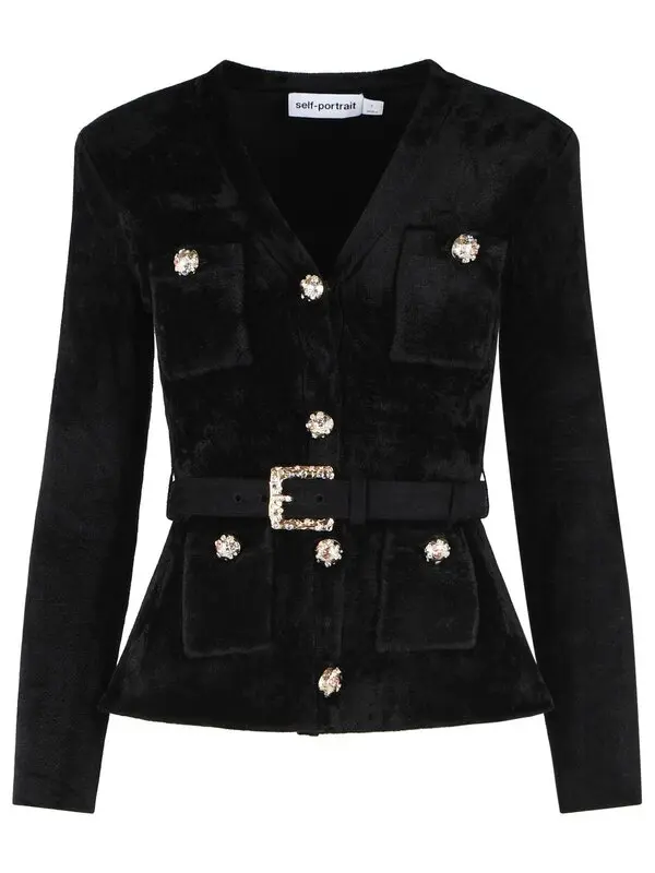 SELF-PORTRAIT Chenille Jacket With Decorative Buttons And Belt - Black