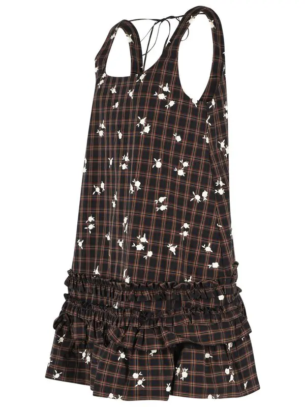 GANNI Cotton Mini Dress With Floral Embroidery And Ruffles - Brown