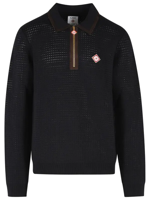 Casablanca Waffle Stitch' Navy Wool Polo Shirt