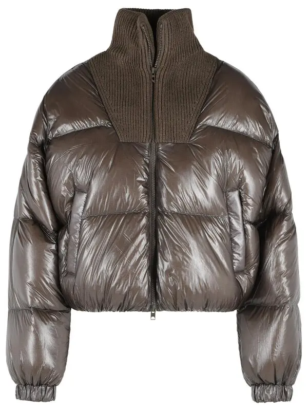 DIESEL® Ribbed Knit High Neck Polyamide Down Jacket - Brown