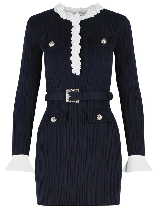 SELF-PORTRAIT Navy Wool Blend Mini Dress With Floral Appliqu