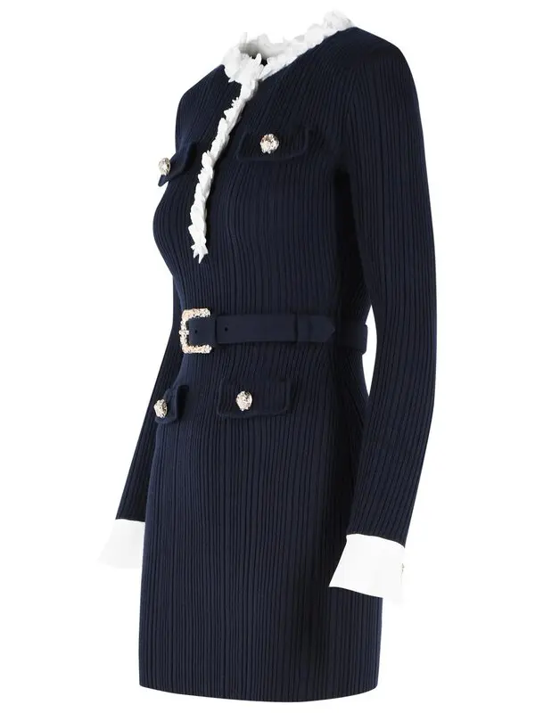 SELF-PORTRAIT Navy Wool Blend Mini Dress With Floral Appliqu