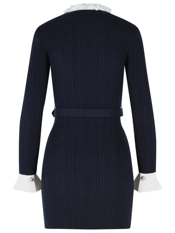 SELF-PORTRAIT Navy Wool Blend Mini Dress With Floral Appliqu