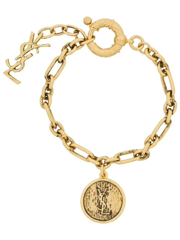 Saint Laurent Cassandre Medallion Chain Bracelet In Brass - Silver