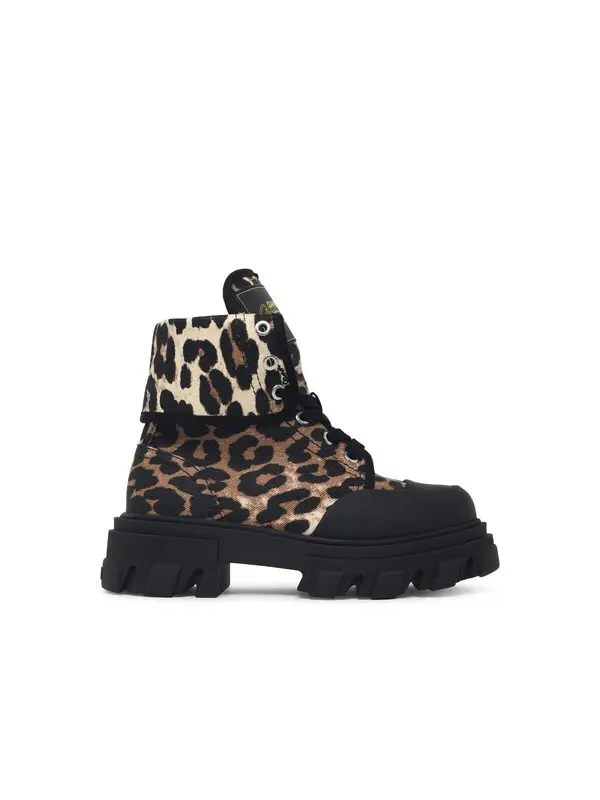 GANNI Leopard Print Combat Boots - Brown