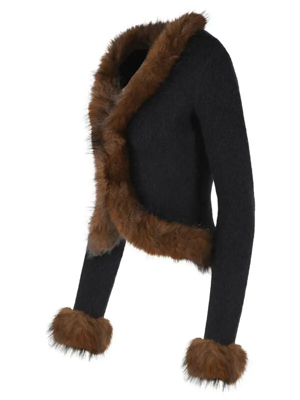 SELF-PORTRAIT Alpaca Blend Cardigan With Faux Fur Trim - Black