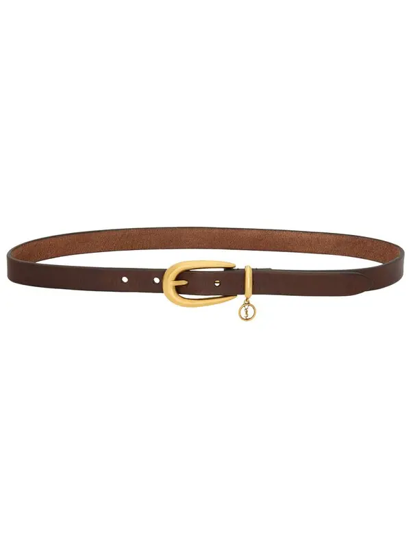Saint Laurent Cassandre Charm Elongated Buckle Thin Belt In Leather - Brown