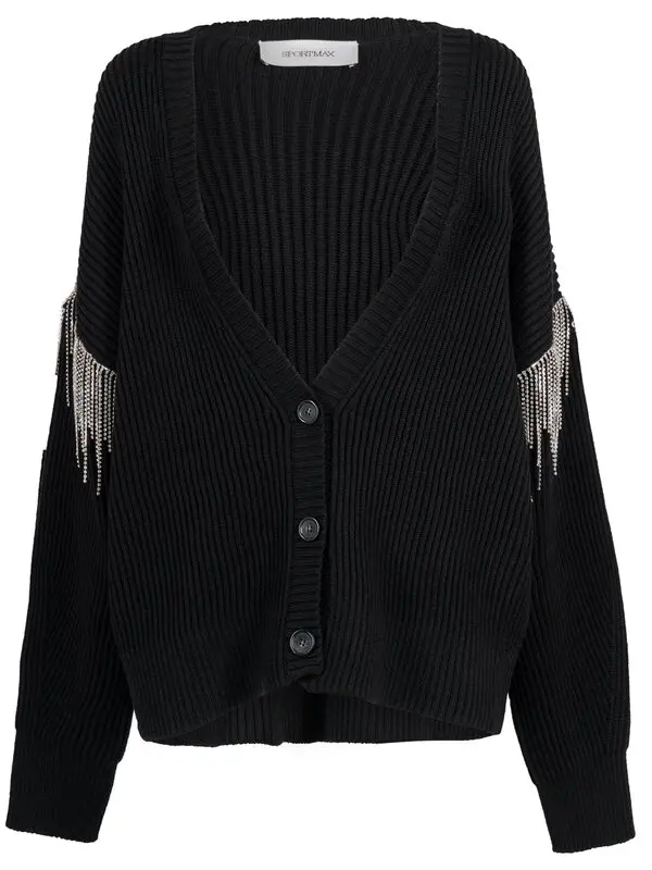 Sportmax Removable Sleeves Wool Cardigan With Rhinestone - Black