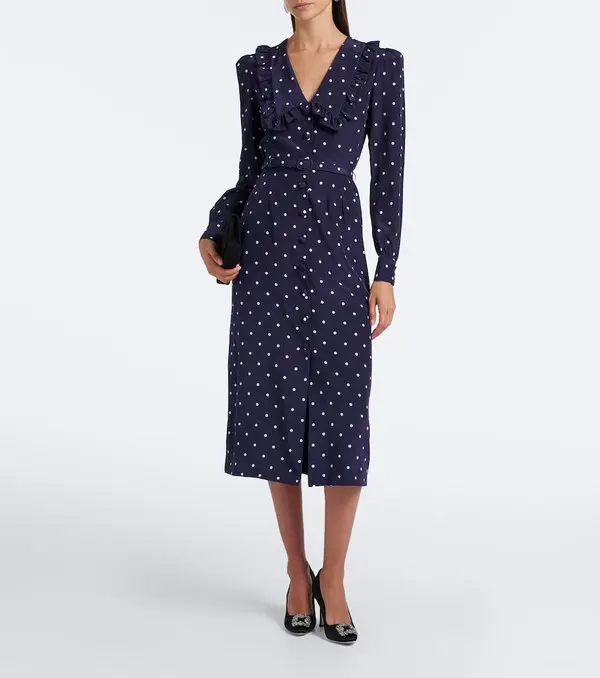 Alessandra Rich Belted Polka Dot Silk Midi Dress