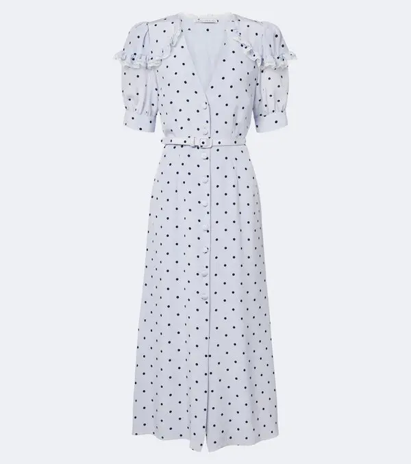 Alessandra Rich Belted Polka Dot Silk Midi Dress - Blue