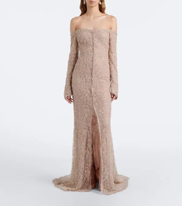 MARMAR HALIM Sequined Lace Off-shoulder Gown