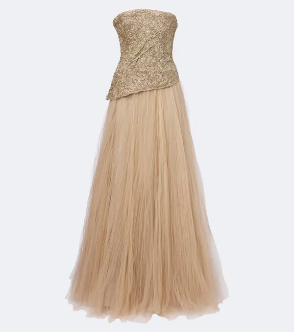 MARMAR HALIM Embroidered Pleated Tulle Gown - Gold