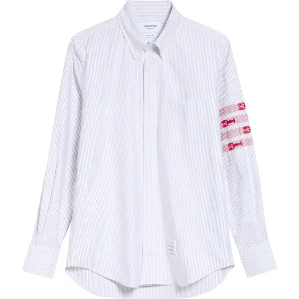 Thom Browne Lobster Embroidery Detail Stripe Cotton Button-down Shirt