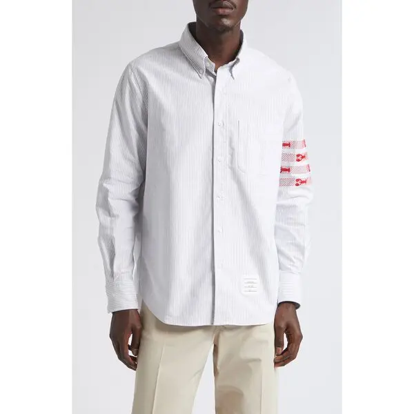Thom Browne Lobster Embroidery Detail Stripe Cotton Button-down Shirt - Medium Grey