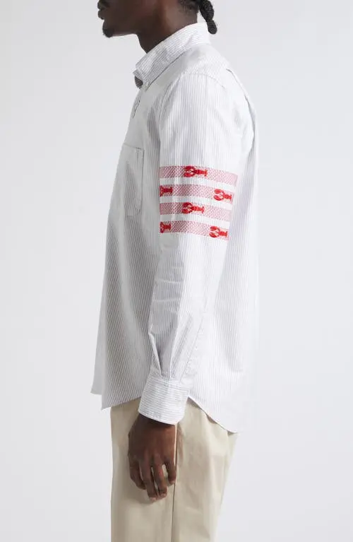 Thom Browne Lobster Embroidery Detail Stripe Cotton Button-down Shirt