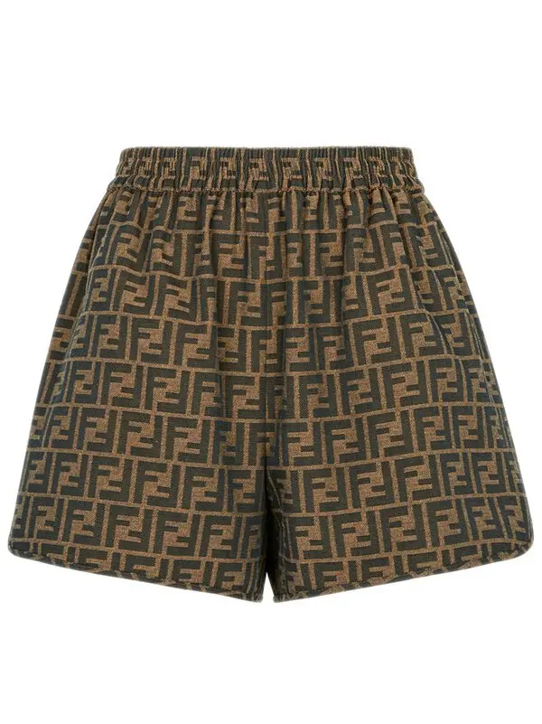 Fendi Ff Jacquard Elastic Waist Shorts With Side Slits - Marrone